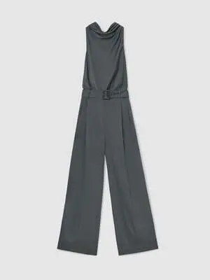 REISS Erica Satin Cowl Neck Wide Leg Jumpsuit