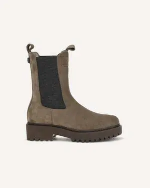 Brunello Cucinelli Suede Ankle Boots With Knit Insert And Precious Loop Detail