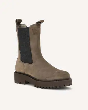 Brunello Cucinelli Suede Ankle Boots With Knit Insert And Precious Loop Detail
