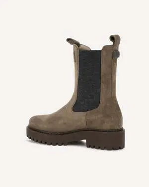 Brunello Cucinelli Suede Ankle Boots With Knit Insert And Precious Loop Detail