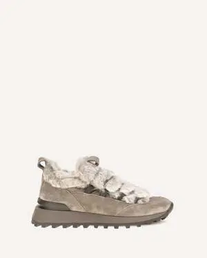 Brunello Cucinelli Suede And Tech Cotton Sneakers With Shearling Lining And Monili Detail - Grey