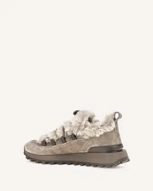 Brunello Cucinelli Suede And Tech Cotton Shearling Lined Sneakers With Monili Detail