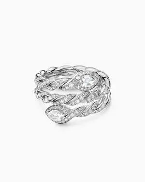 David Yurman Sculpted Cable Flex Three Row Coil Ring In 18k White Gold With Diamonds