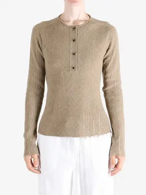 UMA WANG Button-detail Ribbed Sweater With Distressed Cuffs - Brown