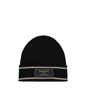 Balmain Logo Patch Ribbed Beanie Hat - Black