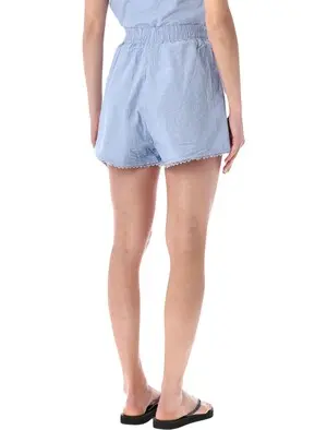 American Vintage Elasticated Cotton Mini Shorts With Lace Trim - Blue