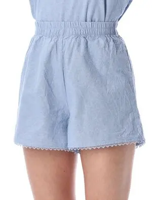 American Vintage Elasticated Cotton Mini Shorts With Lace Trim - Blue
