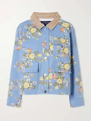 Veronica Beard Leighton Corduroy-trimmed Floral-print Denim Jacket - Blue