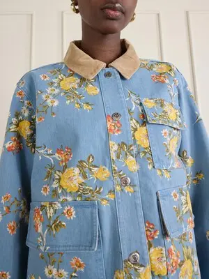 Veronica Beard Leighton Corduroy-trimmed Floral-print Denim Jacket