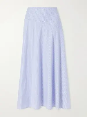 Theory THEORY Gathered Striped Cotton-Blend Poplin Midi Skirt Blue