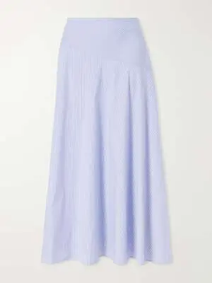 Theory Gathered Striped Cotton-blend Poplin Midi Skirt - Light Blue
