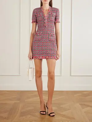 SELF-PORTRAIT Checked Frayed Cotton-blend Mini Dress