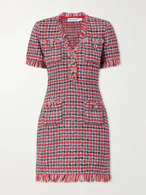 SELF-PORTRAIT Checked Frayed Cotton-blend Mini Dress