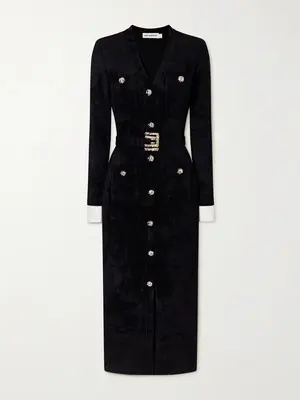 SELF-PORTRAIT Belted Chenille Midi Dress - Black