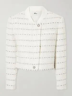 SELF-PORTRAIT Cropped Metallic Bouclé Jacket With Diamanté Buttons - White