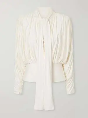 SELF-PORTRAIT Tie-detailed Gathered Stretch-jersey Blouse - Cream
