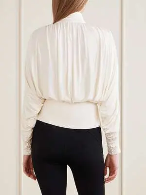 SELF-PORTRAIT Tie-detailed Gathered Stretch-jersey Blouse