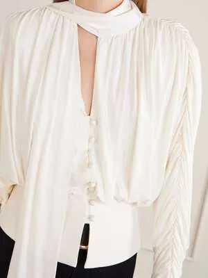 SELF-PORTRAIT Tie-detailed Gathered Stretch-jersey Blouse