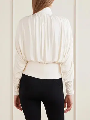 SELF-PORTRAIT Tie-detailed Gathered Stretch-jersey Blouse - Neutrals