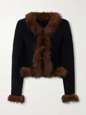 SELF-PORTRAIT Plush-trimmed Knitted Cardigan - Black