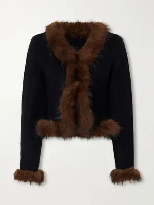SELF-PORTRAIT Plush-trimmed Knitted Cardigan - Black