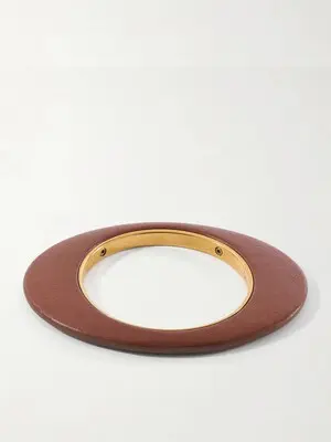 Saint Laurent Blade Logo-engraved Gold-tone And Leather Bangle - Brown