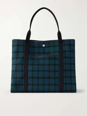 Rue De Verneuil Traversée Large Leather-trimmed Checked Canvas Tote - Midnight Blue