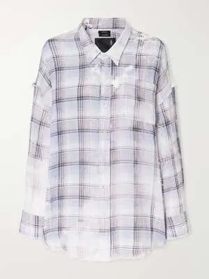 R13 Distressed Checked Crinkled-cotton Gauze Shirt - Bright Blue