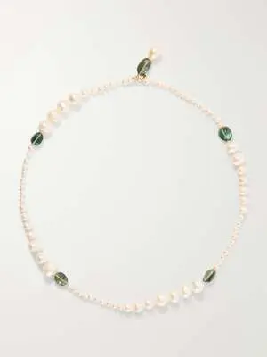 LOREN STEWART 14 Karat Gold, Pearl, And Tourmaline Beaded Lariat Necklace - Cream