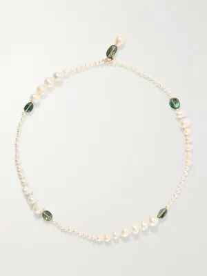 LOREN STEWART 14 Karat Gold, Pearl, And Tourmaline Beaded Lariat Necklace - Neutrals