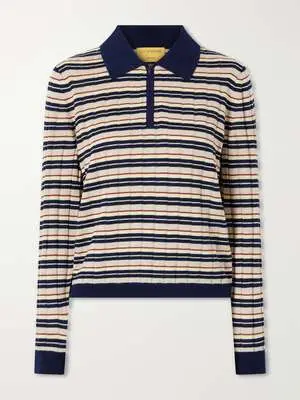 Guest In Residence Striped Silk And Linen-blend Polo Shirt - Navy