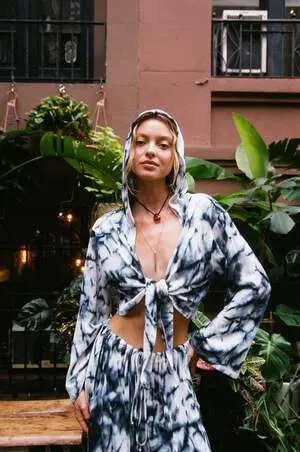 Sab Studio Tie-dye Front-tie Hoodie With Bell Sleeves