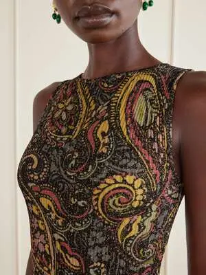 Etro Paisley-print Metallic Ribbed-knit Maxi Dress - Dark Green