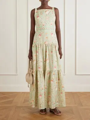 Agua Bendita Abeja Playa' Printed Linen Maxi Dress - Green