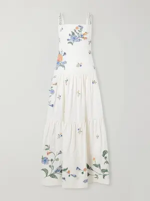 Agua Bendita Lima Brisa Floral Embroidered Linen Maxi Dress - Neutrals