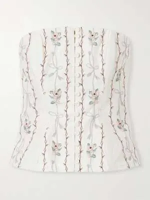 Agua Bendita Abelia Navegante Floral-embroidered Linen Corset Top - Cream