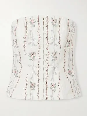 Agua Bendita Abelia Navegante Floral-embroidered Linen Corset Top - Neutrals