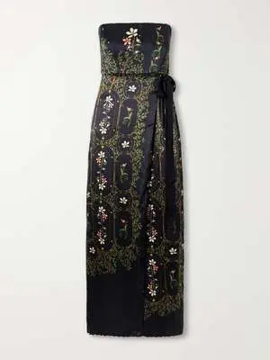 Agua Bendita Floral-print Embellished Satin Midi Dress - Black