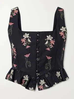 Agua Bendita Eslabón Noche Floral-embroidered Cotton Cropped Top - Black