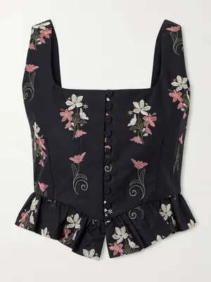 Agua Bendita Floral Embroidered Cropped Top - Black