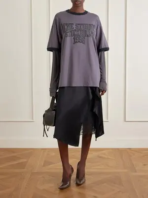 Acne Studios Layered Ruffled Satin Midi Skirt With Lace Underlay - Black