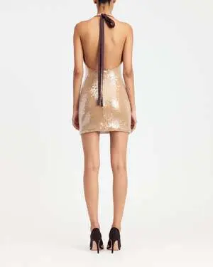 16Arlington Syre Mini Dress With Halterneck And Satin Ties - Beige