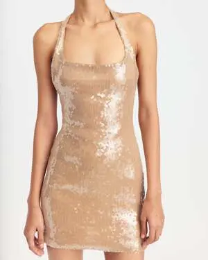 16Arlington Syre Mini Dress With Halterneck And Satin Ties - Beige