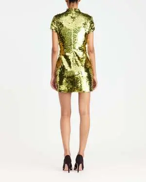 16Arlington Iona Mini Dress Sequin Mock Neck Short Sleeve - Green