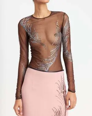 16Arlington Darwin Sheer Crystal Appliqué Top - Brown