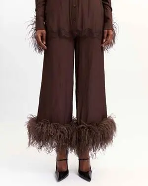 16Arlington Joelle Wide-leg Feather-trimmed Trousers