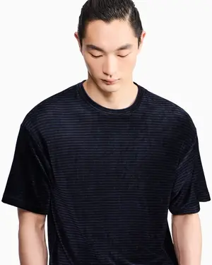 Giorgio Armani T-shirt Regular Fit In Striped Jacquard Chenille Jersey - Blue