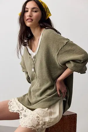 Free People We The Free Oversized Thermal Henley Summer Pine