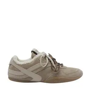 Miu Miu Suede And Shearling Trimmed Lace-up Sneakers - Cream