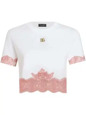 Dolce & Gabbana Cropped T-shirt With Dg Logo And Lace Trim - White
